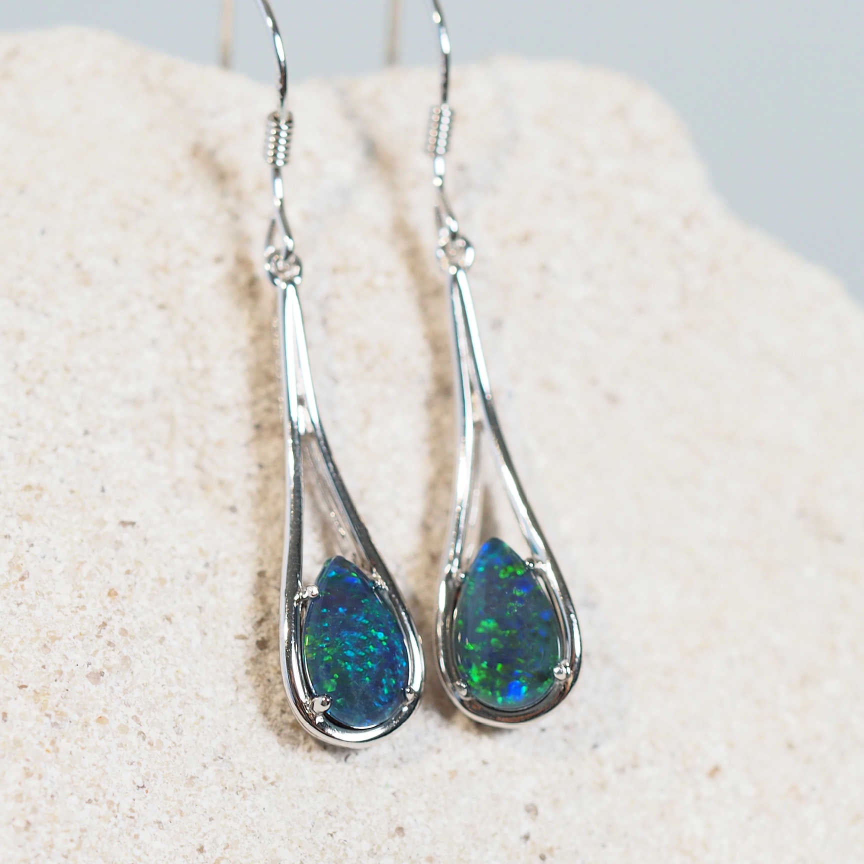 'Alonna Blue' Opal Earrings Silver Triplet - Black Star Opal