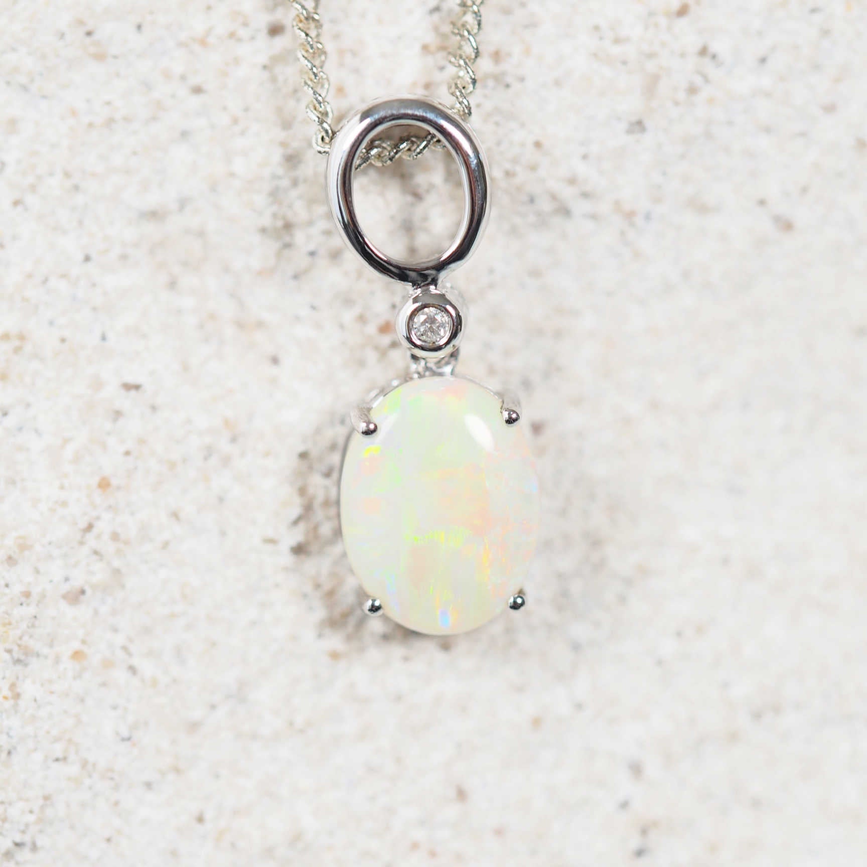 'Elia' White Opal Pendant in White Gold- Black Star Opal