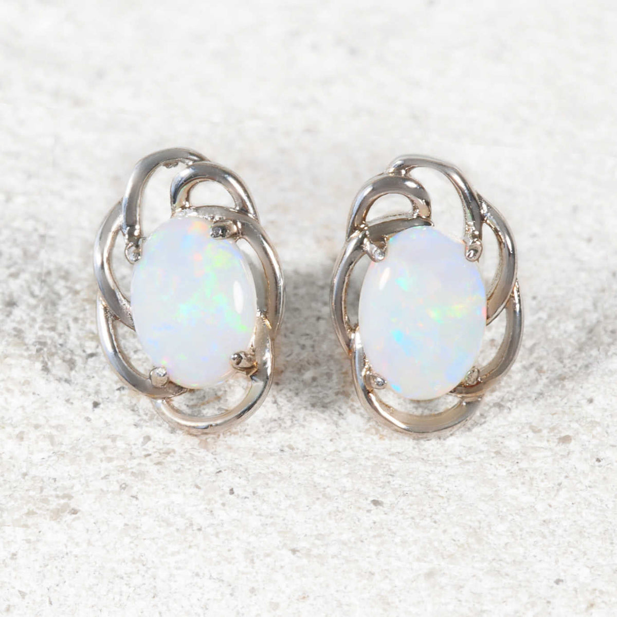 'Nouveau' White Opal Earrings in Silver - Black Star Opal