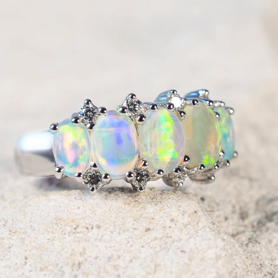 'Aline' Crystal Opal Ring in White Gold - Black Star Opal