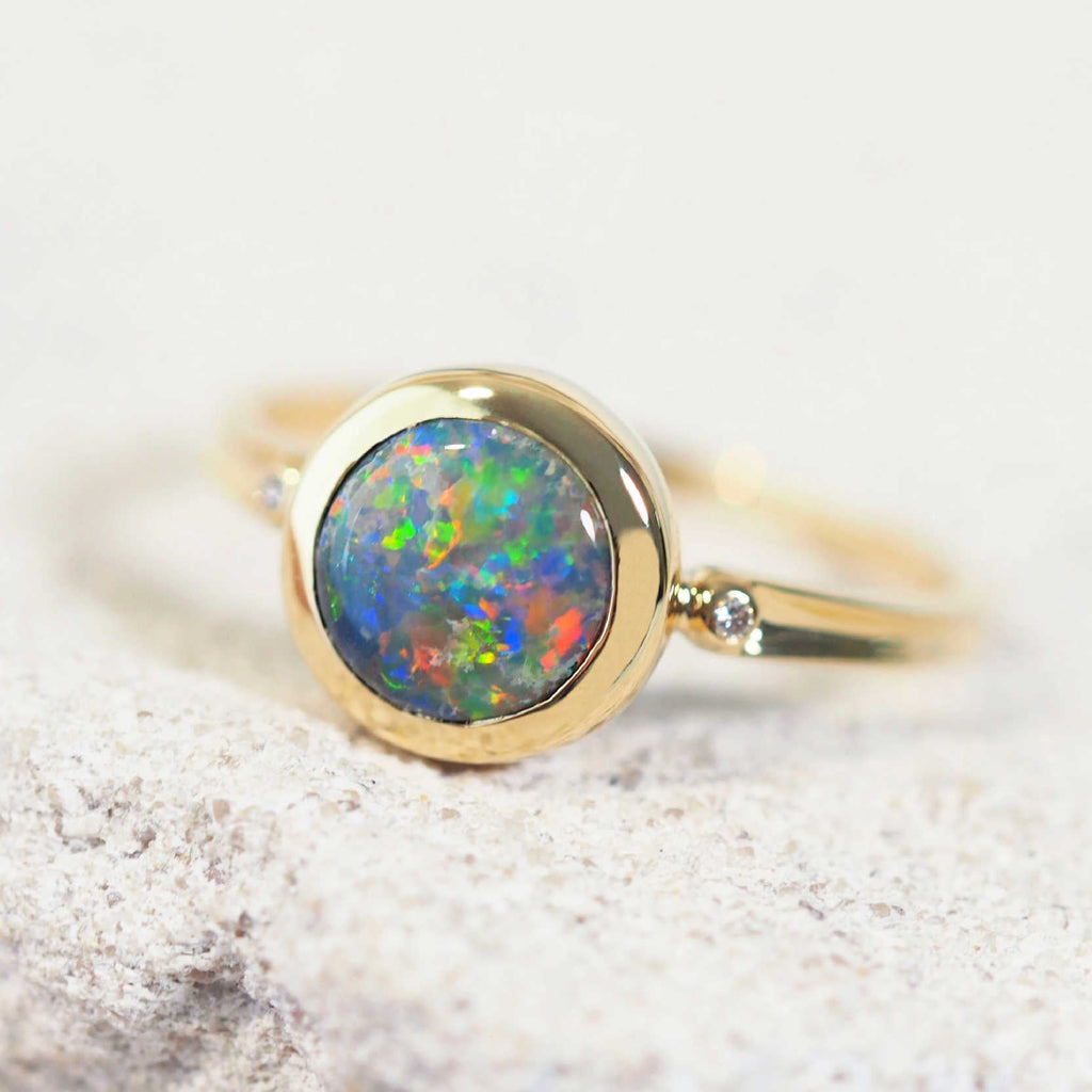 'Amari' Black Opal Ring 18ct Yellow Gold - Black Star Opal
