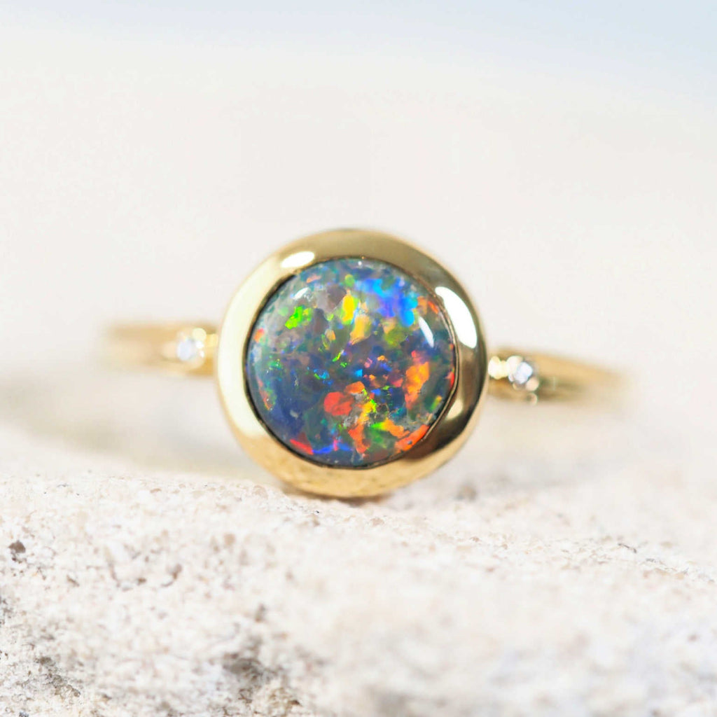 'Amari' Black Opal Ring 18ct Yellow Gold - Black Star Opal