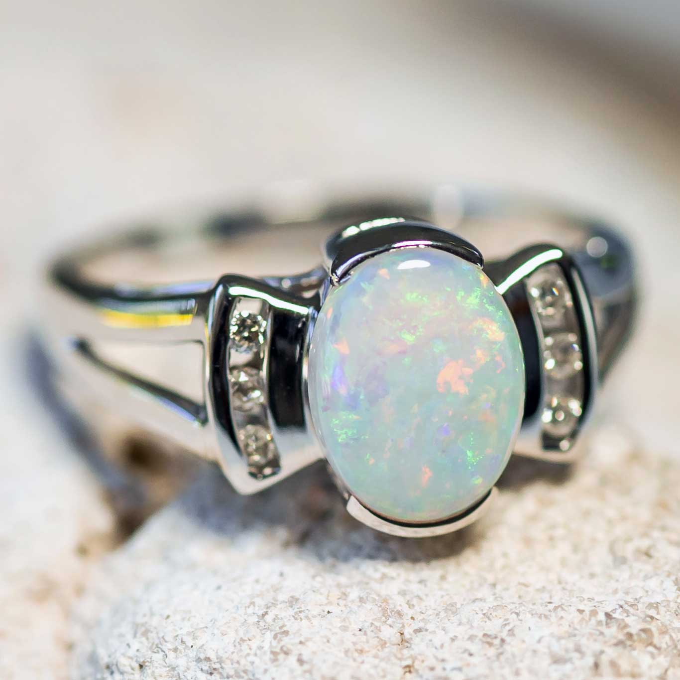 'Bijoux' White Gold Crystal Opal Ring - Black Star Opal