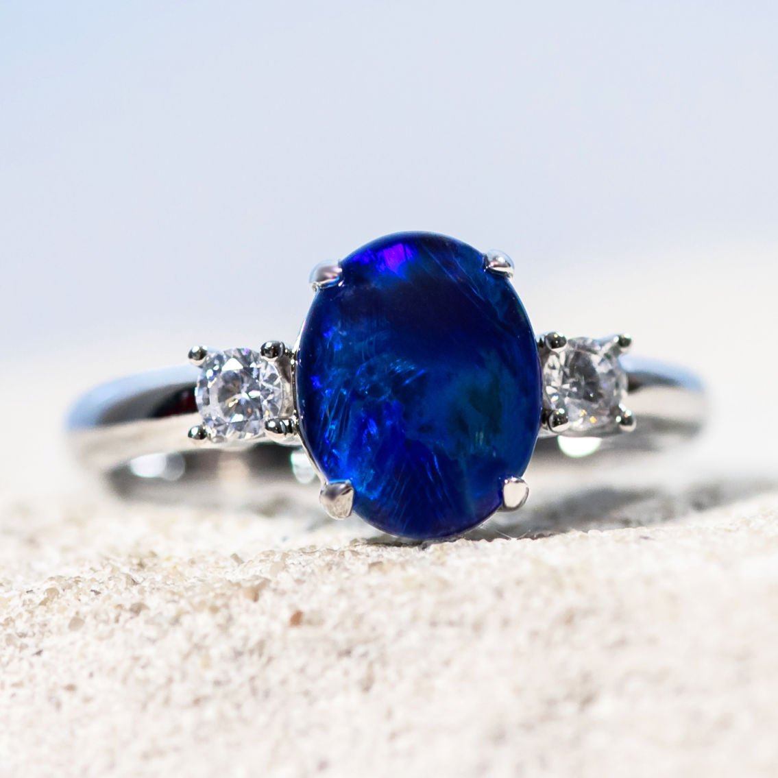 'Helene Blue' Triplet Opal Ring in Silver - Black Star Opal